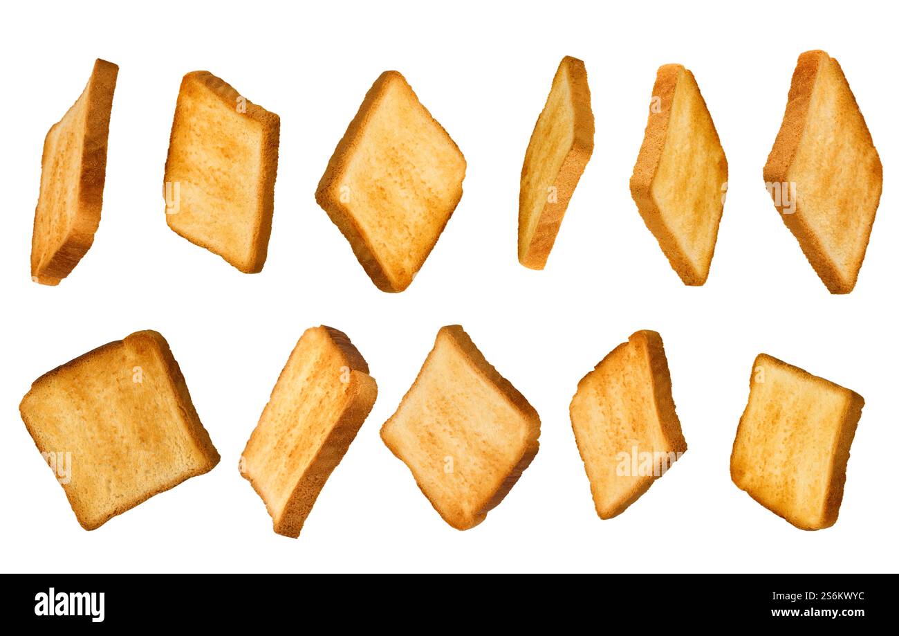 Toasted bread isolated. Set of flying pieces of toasted bread for ...