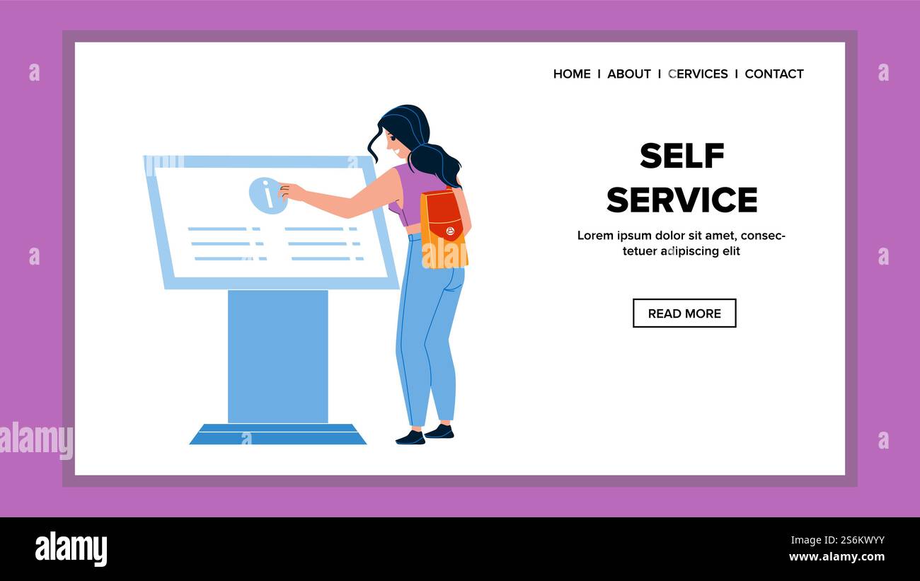 Self Service Interactive Computer Use Girl Vector. Young Woman Use ...