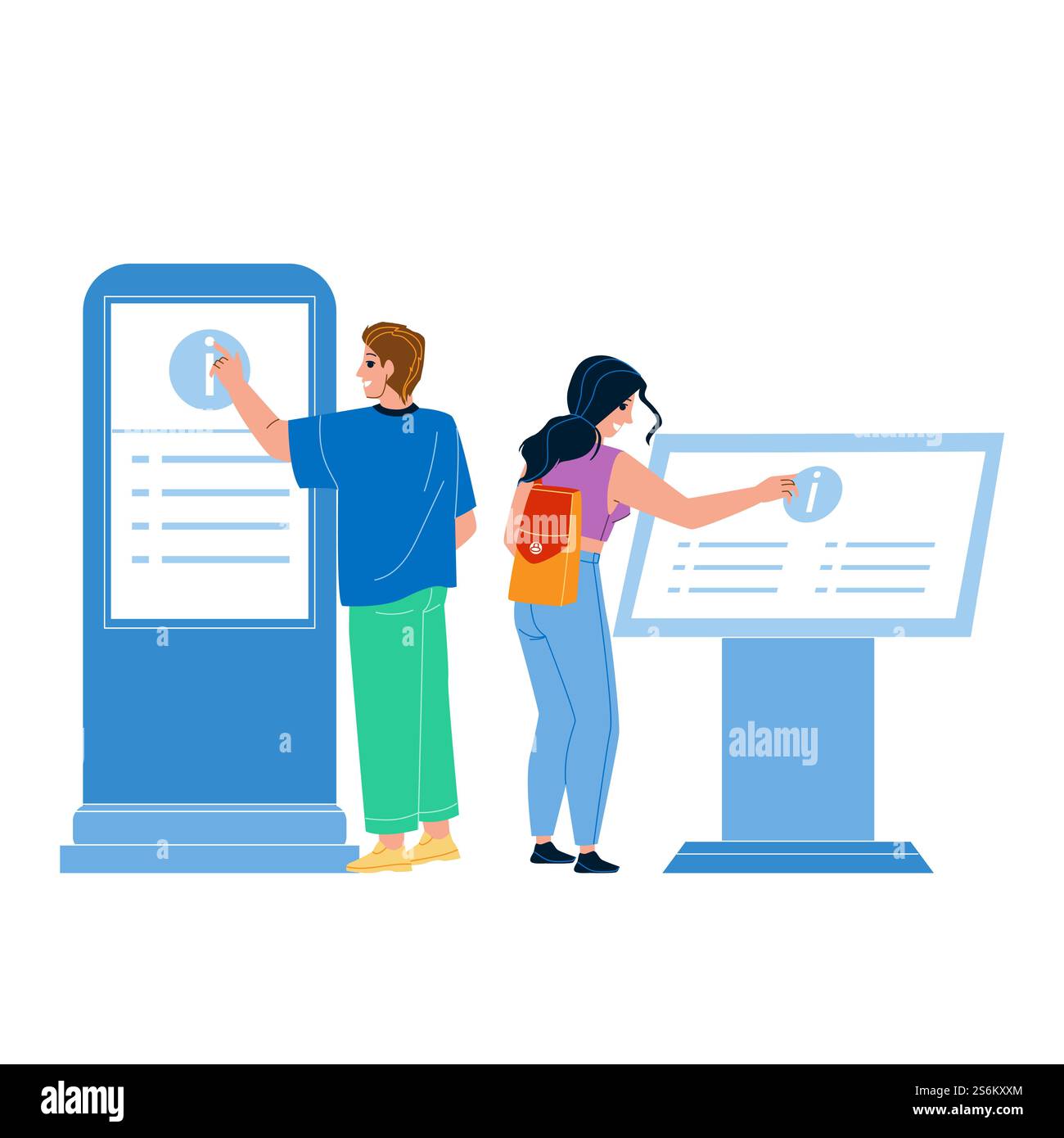 Info Kiosk Using People For Get Information Vector. Young Man And Woman ...