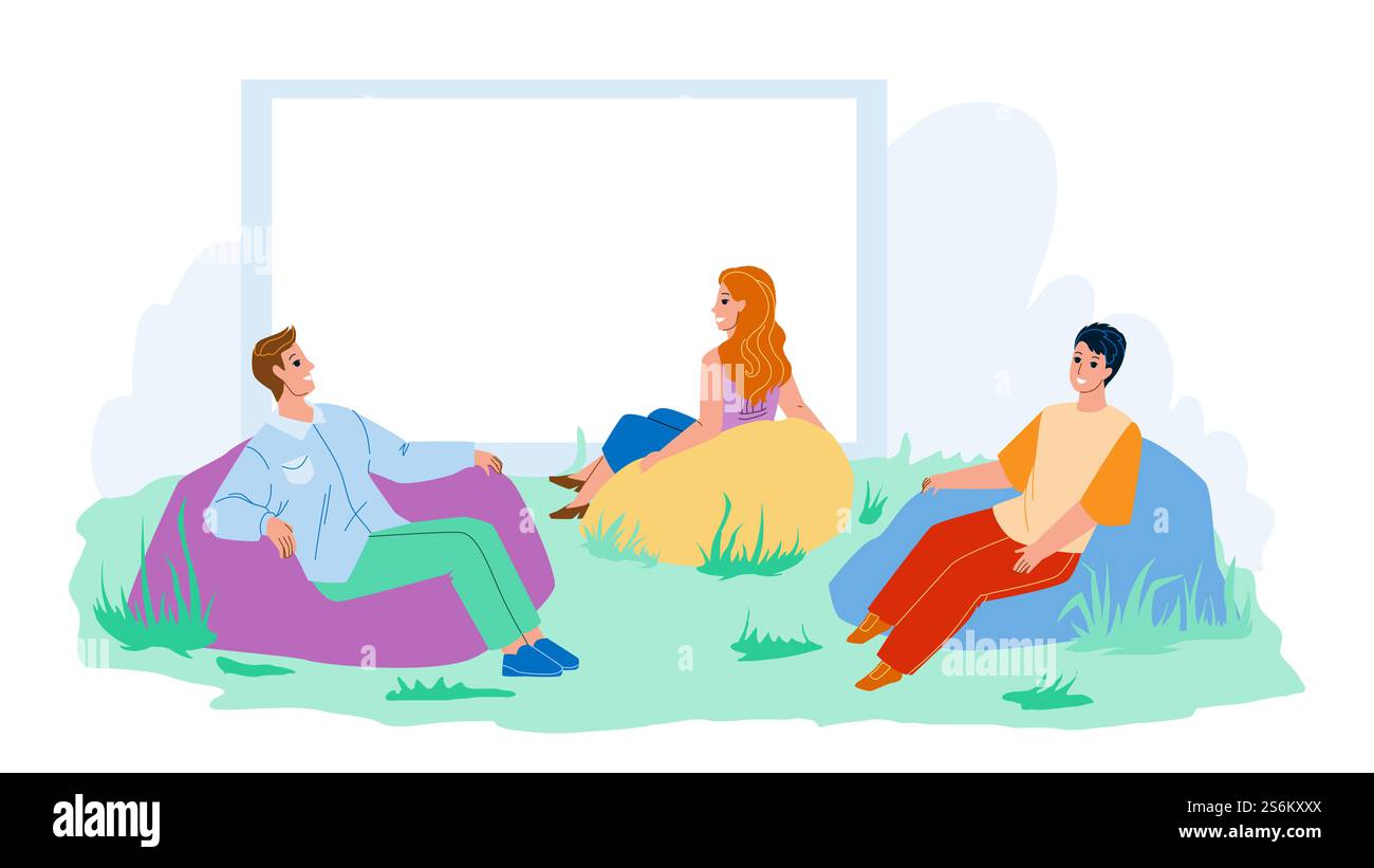 Outdoor Cinema Movie Enjoy People Together Vector. Men And Women ...