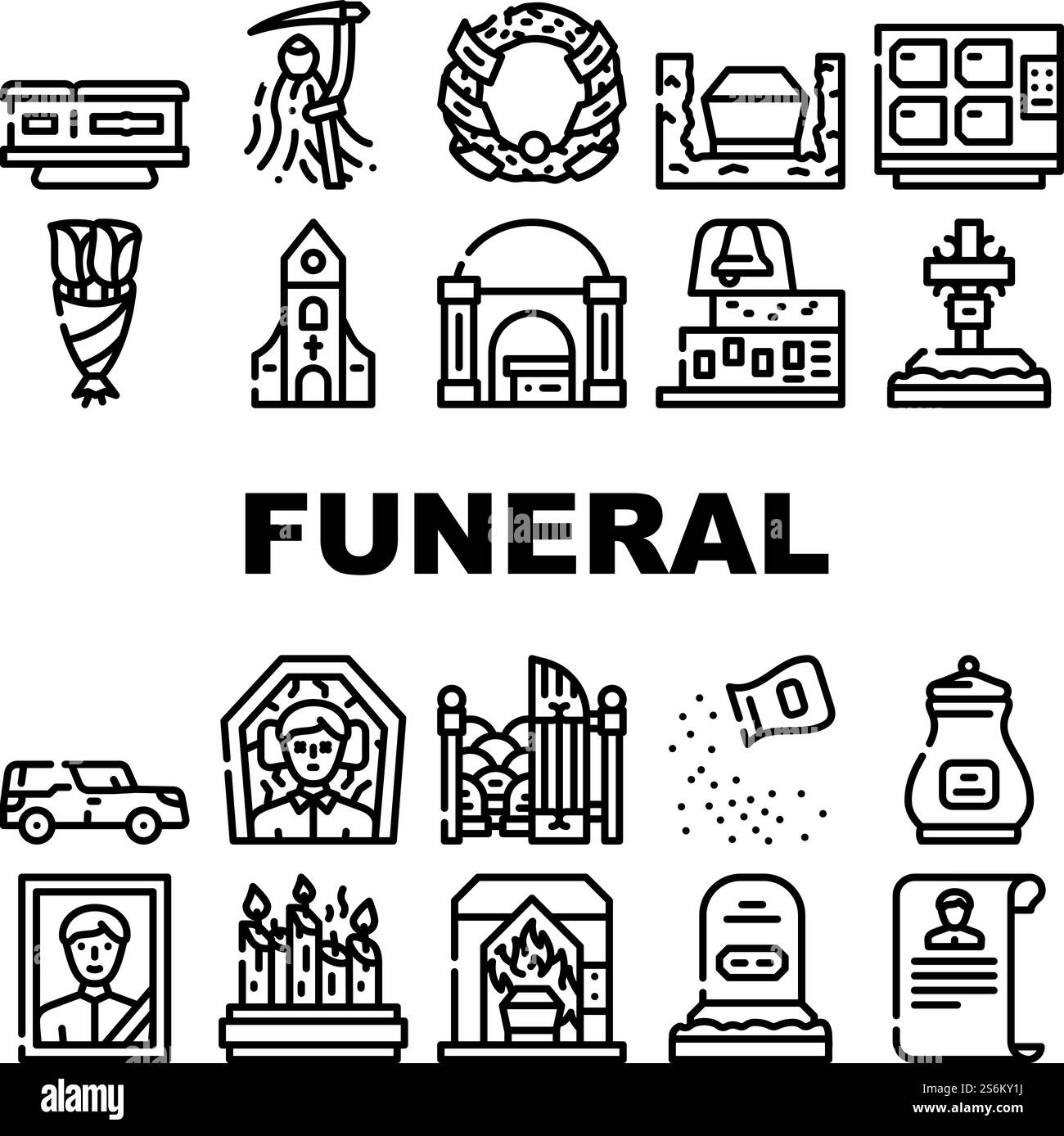 Funeral Dead Ceremony Collection Icons Set Vector. Urn And Grave, Car ...