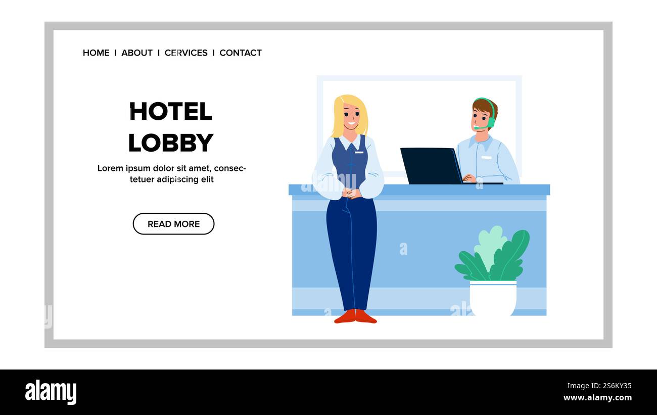 Hotel Lobby Workers Work At Reception Desk Vector. Woman Administrator ...