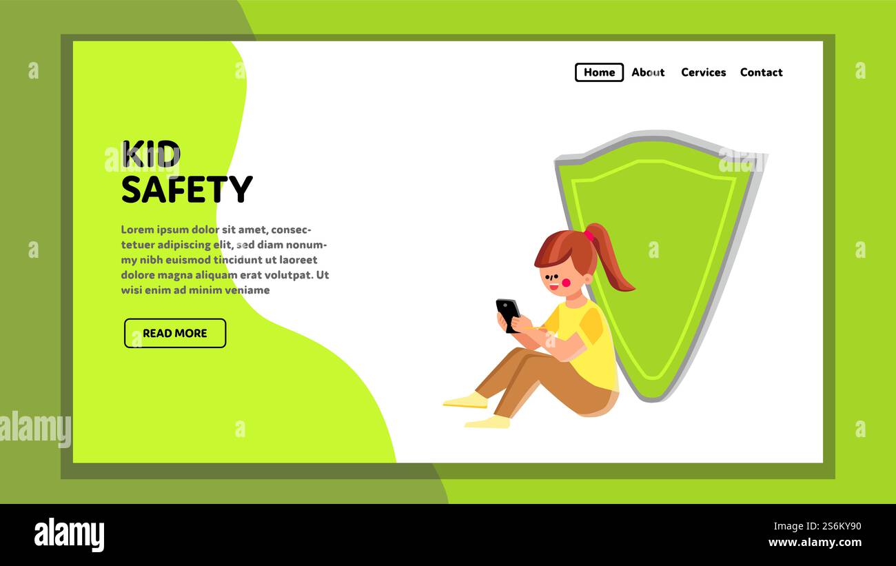 Kid Safety Digital Personal Information Vector. Girl Child Sitting On ...