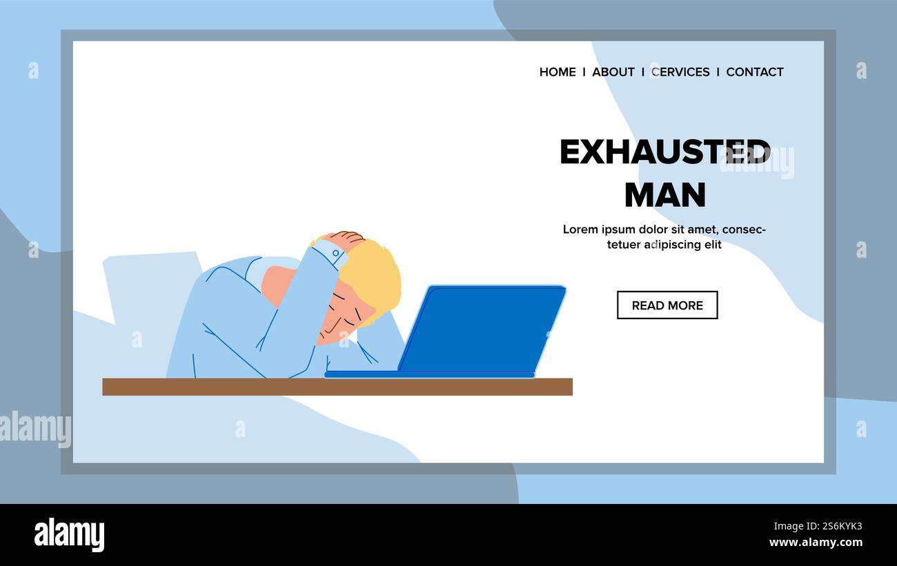 Exhausted Man Sleeping On Laptop In Office Vector. Exhausted Man ...