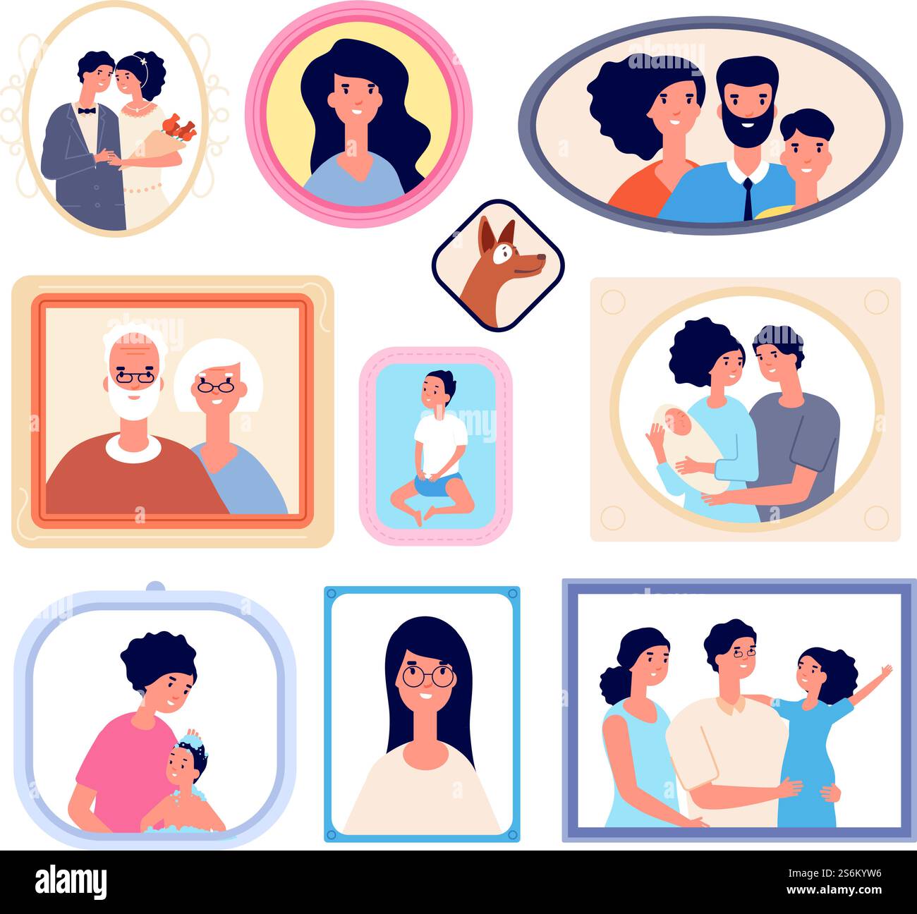 Family photo frames wall. Portrait gallery, grandparents relatives ...