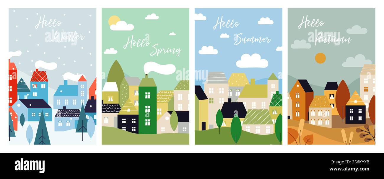 Four season cards. Autumn winter spring summer with city landscape ...