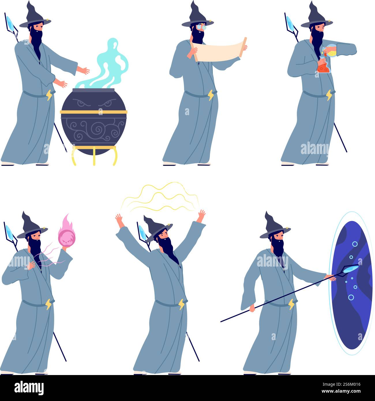 Old wizard. Mystery magician, cartoon warlock doing mysterious tricks ...