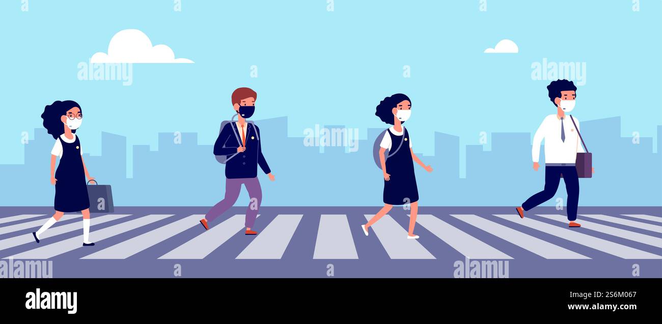 Children keep distance. Students go to school in protective mask ...