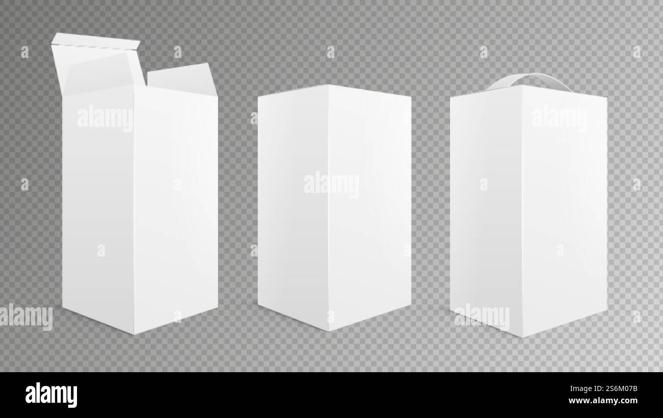 Realistic box mockup. Open closed package, take away pack with handle ...