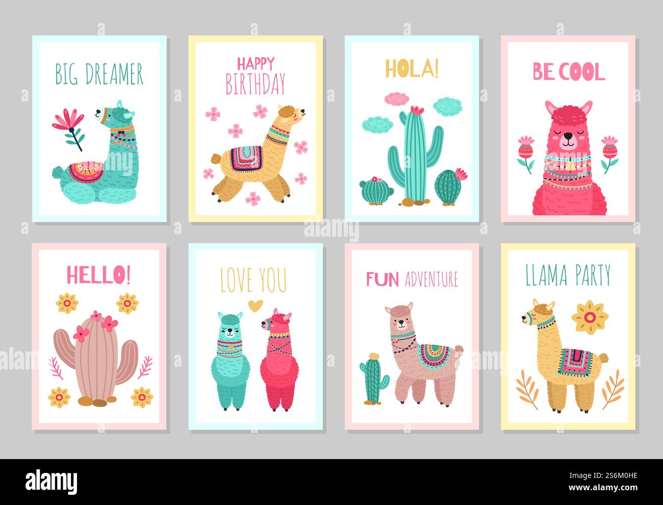 Llama cards. Beautiful invitations, alpaca flower colorful birthday ...