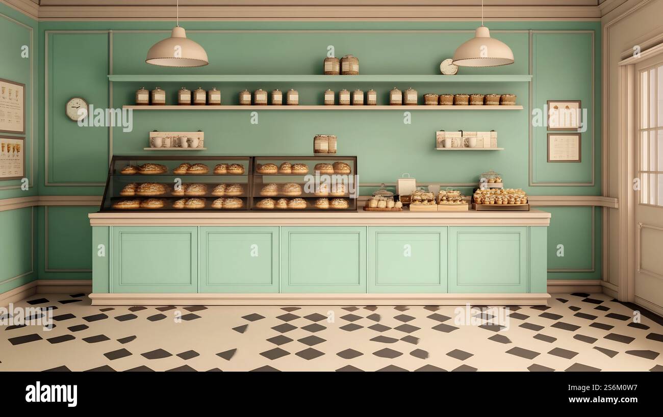 Cozy and inviting bakery interior with a display case filled with an ...