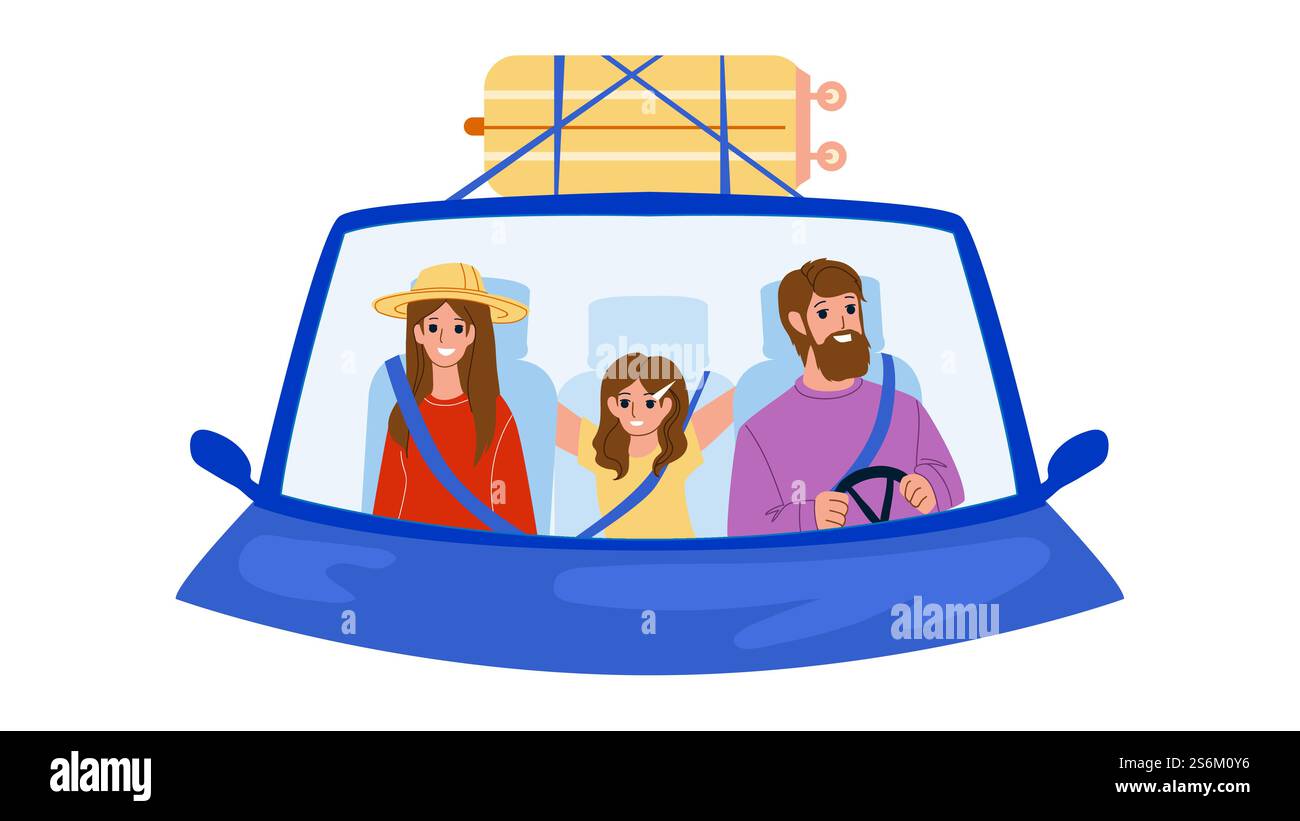 Family In Car Enjoy On Vacation Road Trip Vector. Man And Woman Parents ...