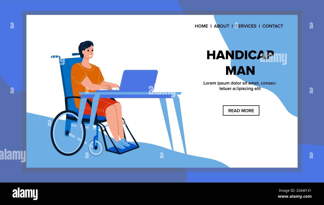 Handicap Man Working On Laptop At Table Vector. Handicap Man Worker ...