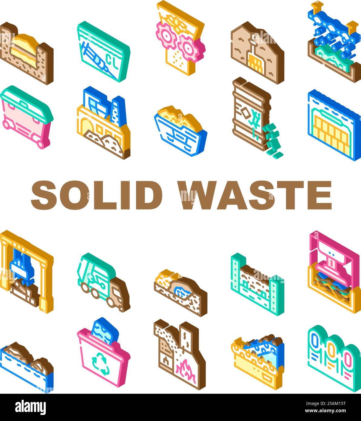 Solid Waste Management Business Icons Set Vector. Medical Garbage Disposal And Metals Sorting ...
