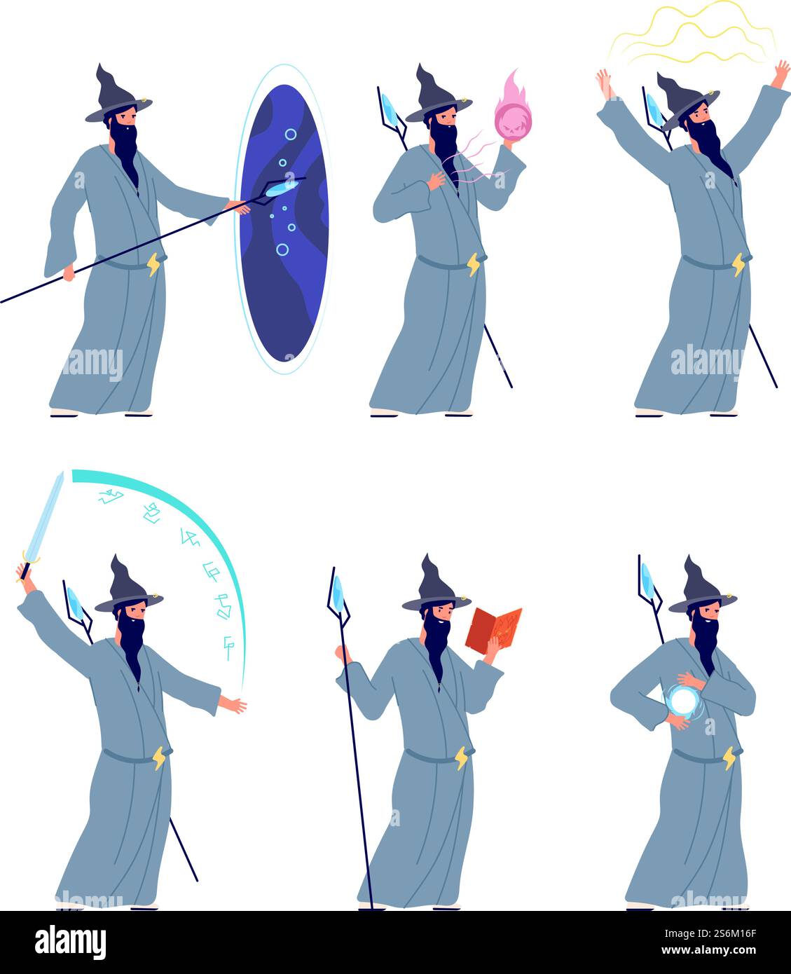 Magic wizard character. Cartoon magicians, mystery male with beard. Medieval magical person ...
