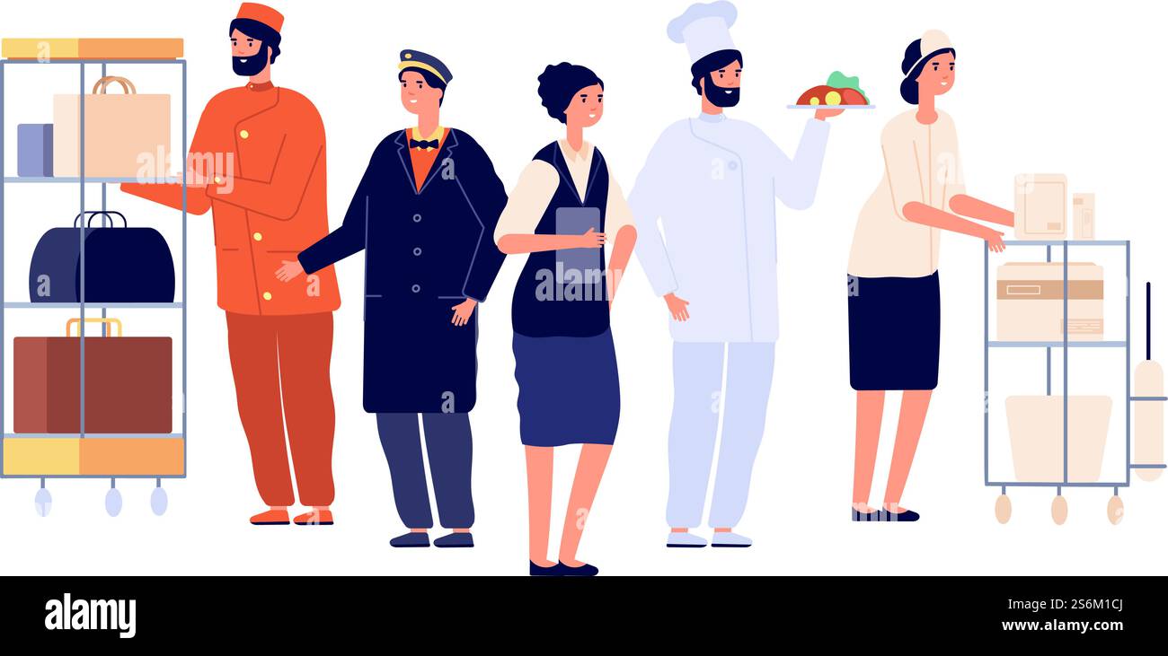 Hospitality workers. Hotel staff characters, receptionist porter maid doorman chef. Hostel team ...