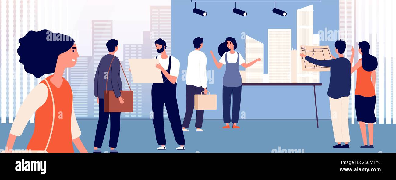 Architect project. Woman presented plan, flat engineer with designer ...