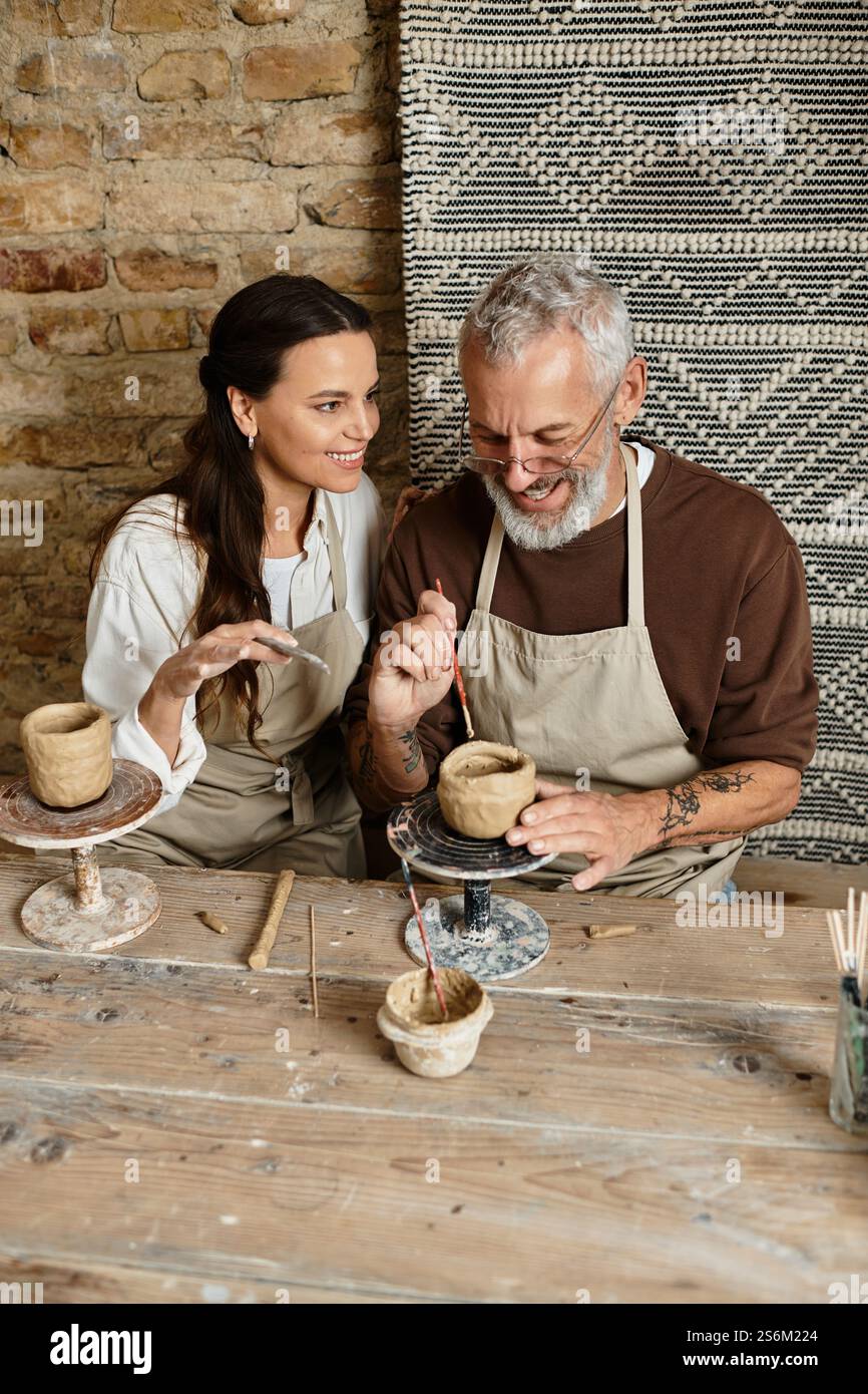 A couple deepens their bond while sharing joyful moments in a pottery ...