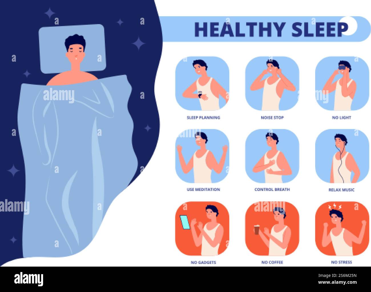 Healthy sleep. Tips for well sleeping, infographic of good night ...