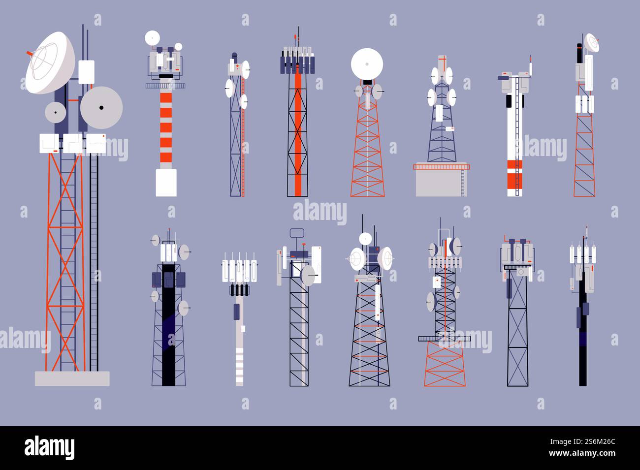 Communication towers. Satellite cellular antenna, wireless mobile telecommunication equipment ...