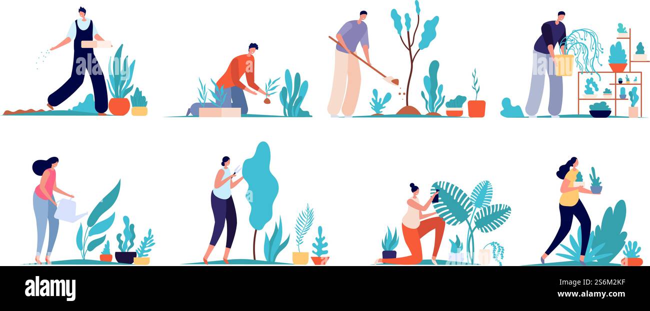 Gardening people. Garden characters, agriculture labor persons. Cartoon ...