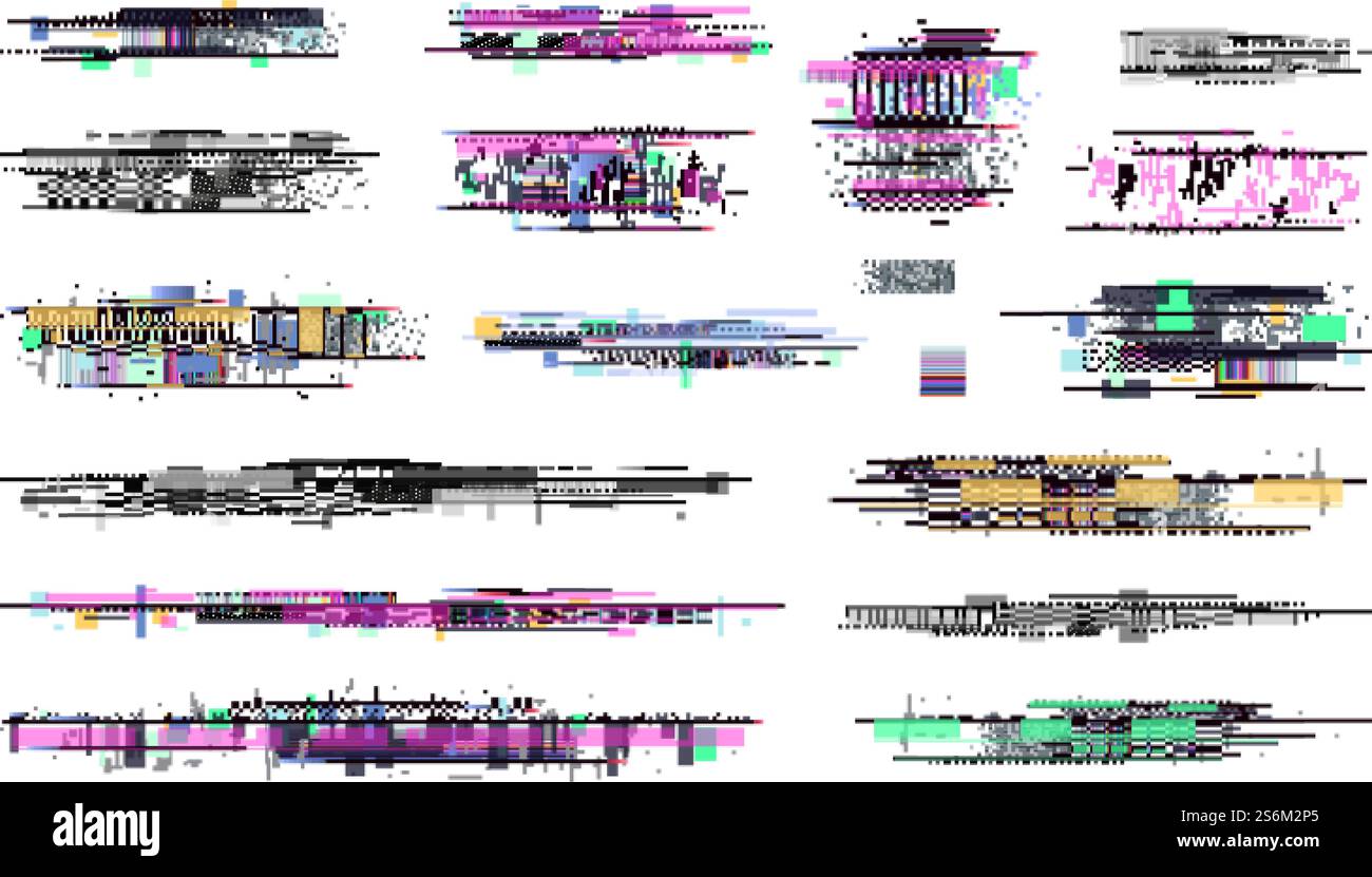 Decay signal. Glitch graphics, tv noise signal collection. Retro pixel ...