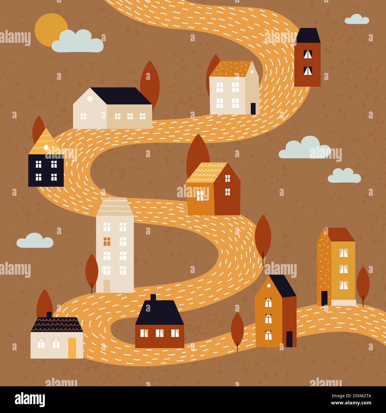 Autumn landscape. Fall city street background, village or suburb life ...