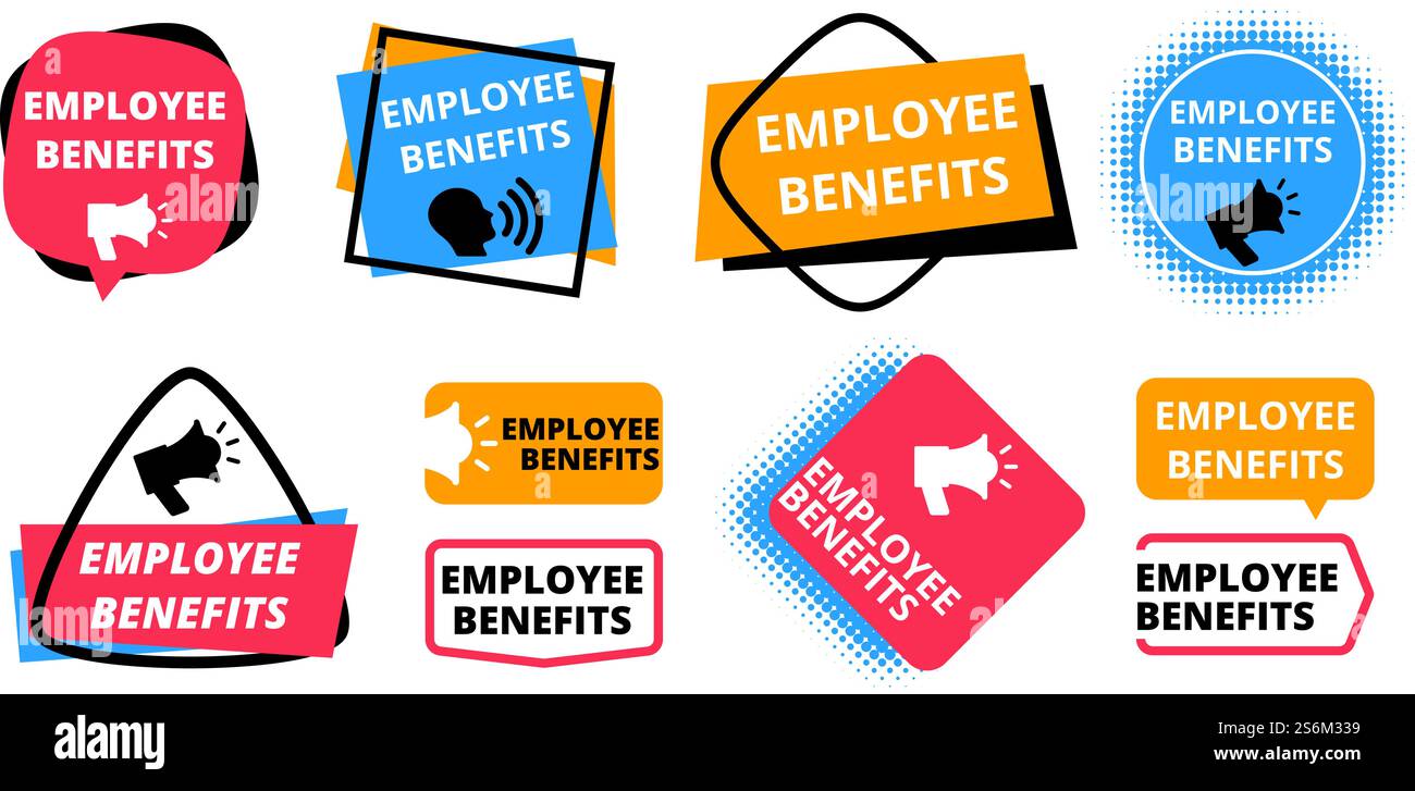 Employee benefits labels. Announcement for workers, positive HR policy ...
