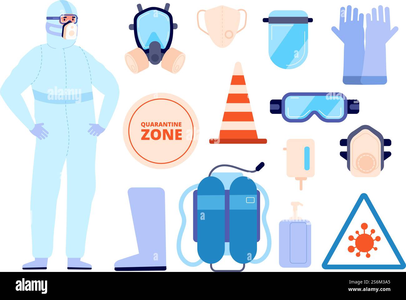 Medical safety equipment. Man in protect clothes, personal protective elements icons. Person ...