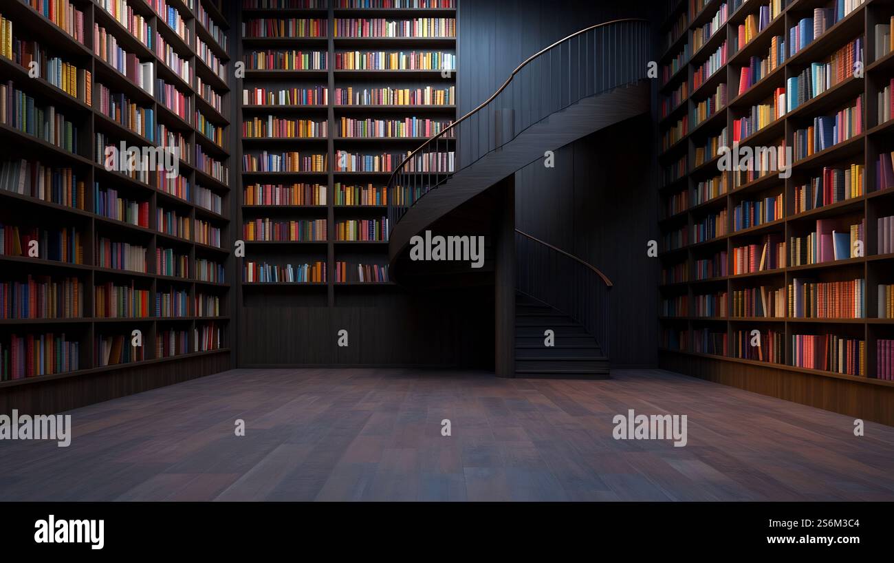 Mysterious and Contemplative Library Interior with a Spiral Staircase ...