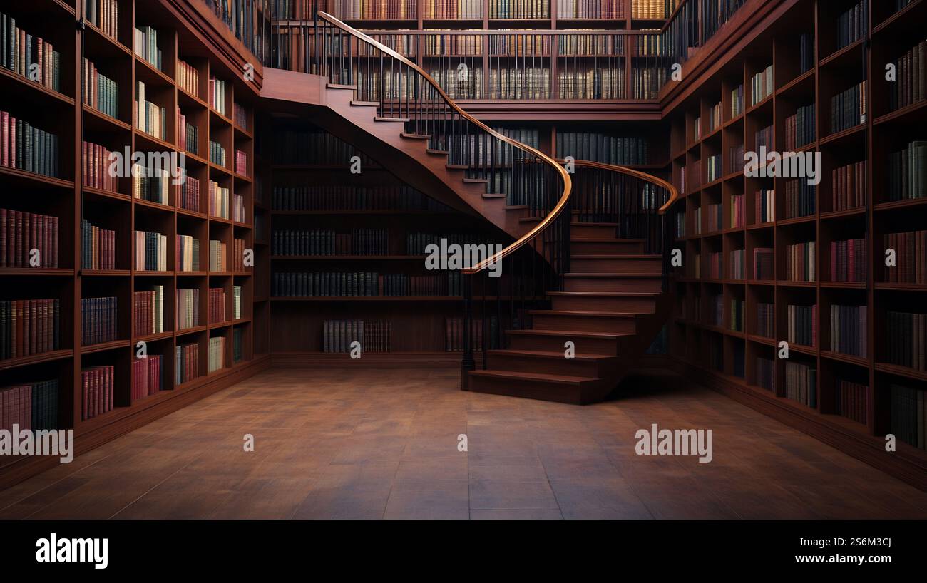 Expansive library interior with towering bookshelves,a captivating spiral staircase leading to a ...
