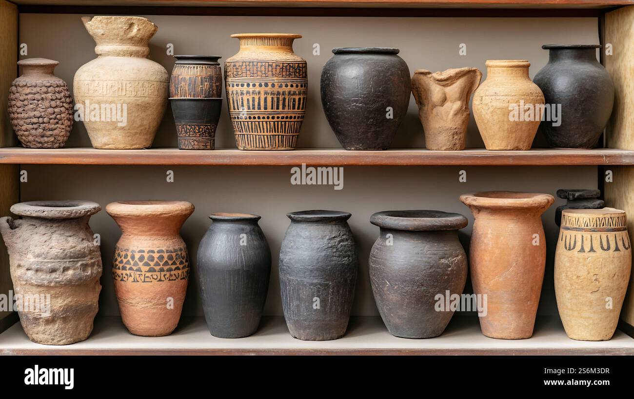 Detailed display of ancient ceramic artifacts,jars,and pottery ...