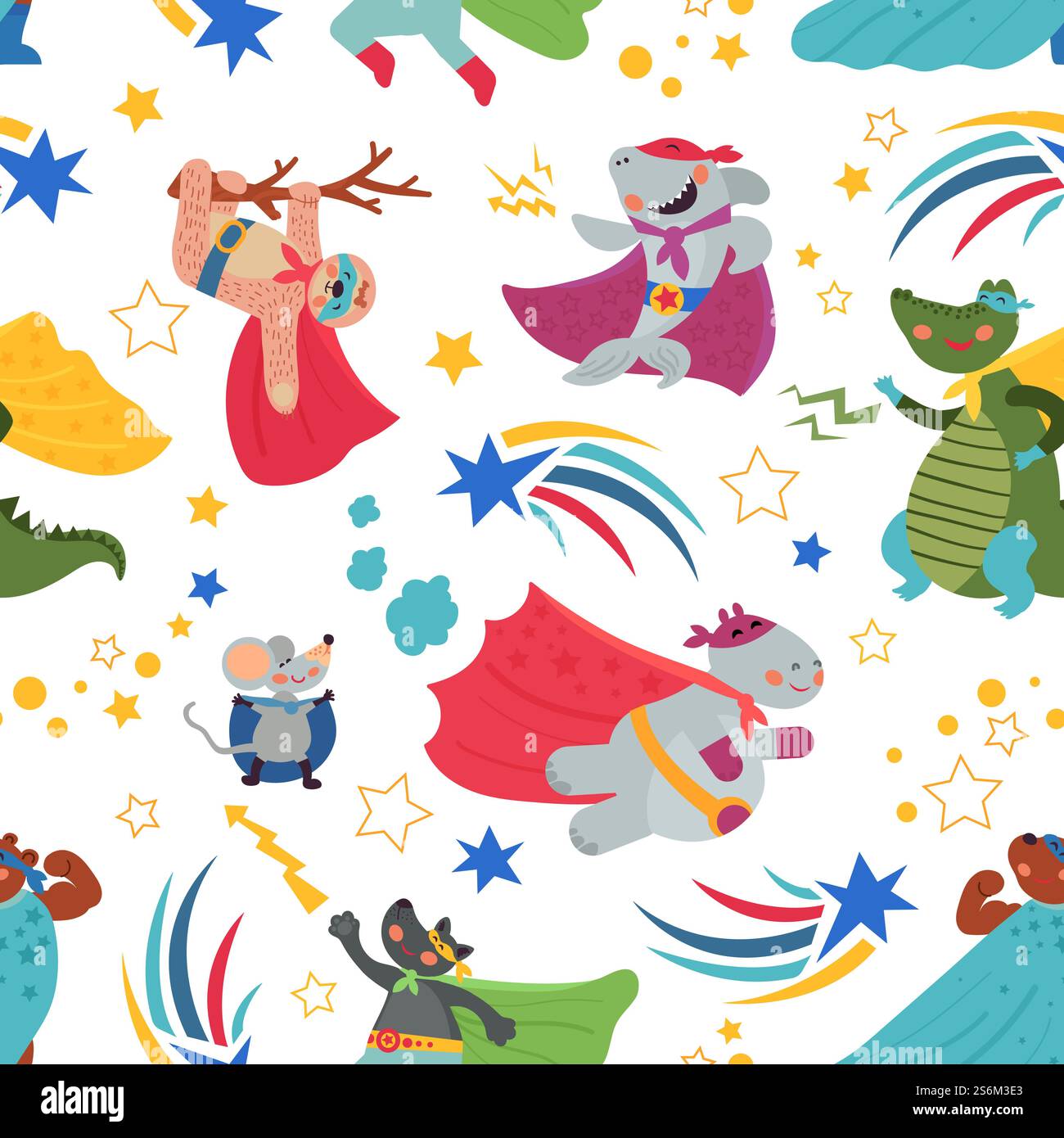 Superhero pattern. Cartoon heroes, baby flying animals seamless texture ...