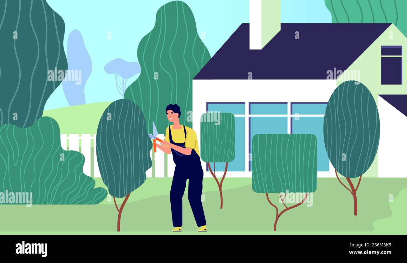 Gardener at work. Backyard garden worker, professional trimming plants ...