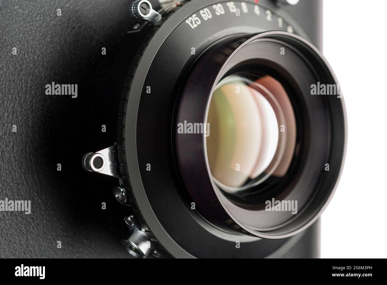 Large format film camera lens close up on white background Stock Photo ...