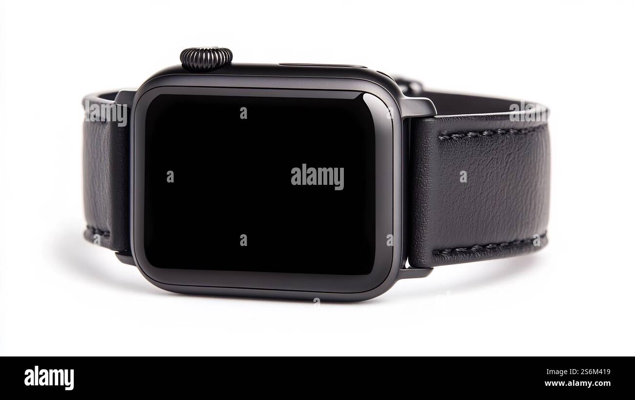 Closeup of a contemporary,minimalist smartwatch with a blank digital ...
