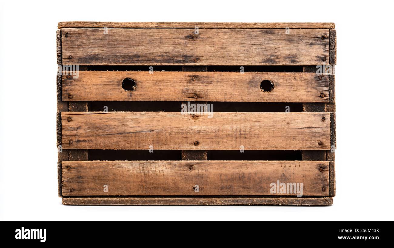 Closeup of a rustic wooden crate or box with visible grain and aged ...