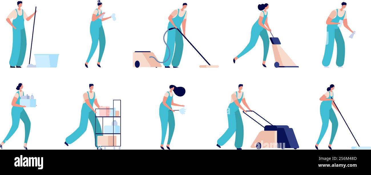 Cleaning staff. Cleaners characters, commercial house maid service ...