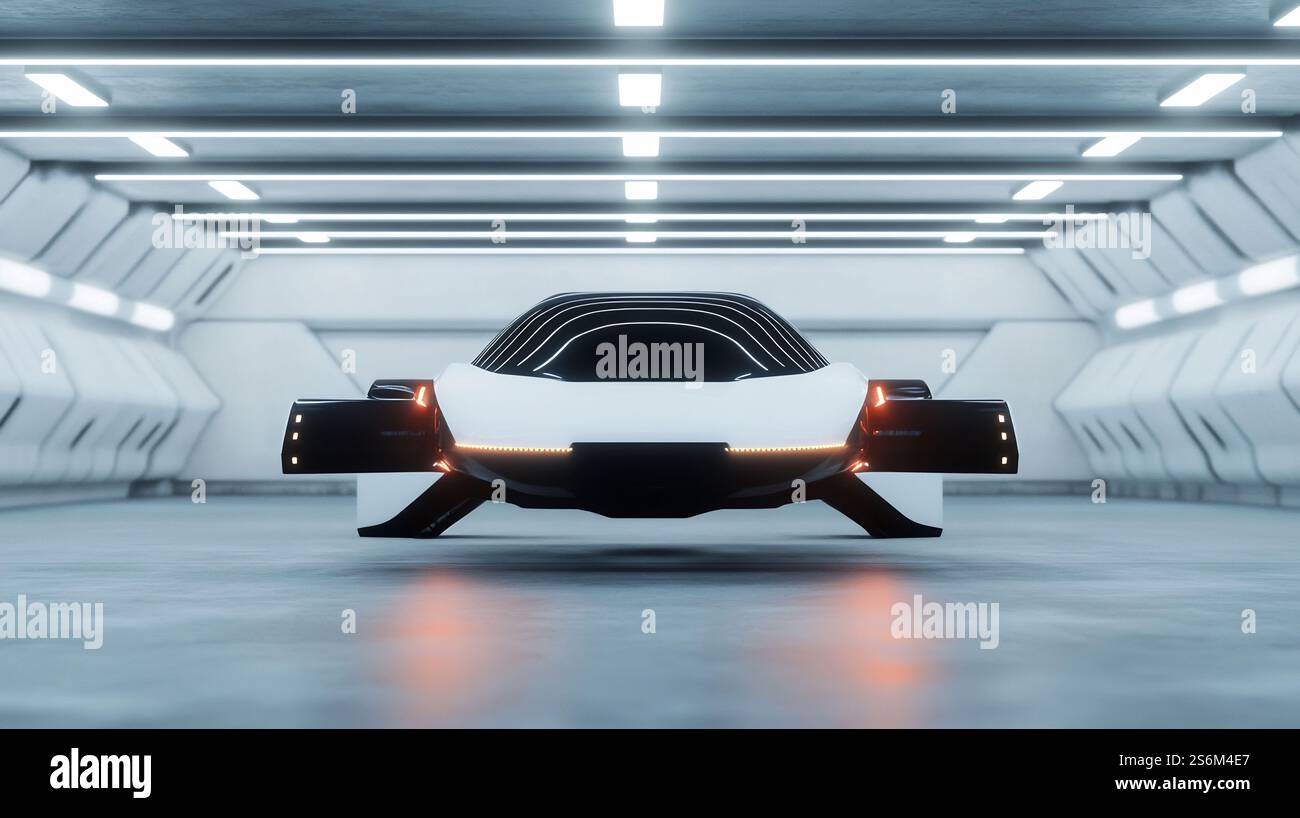 A of a futuristic vehicle design of a flying corporate car parked in a ...