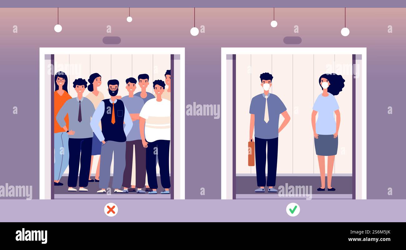 Distance in elevator. Self protection, flu virus protect in public ...