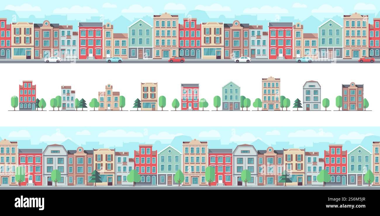 European city street. Cute suburban buildings, country houses. Town ...