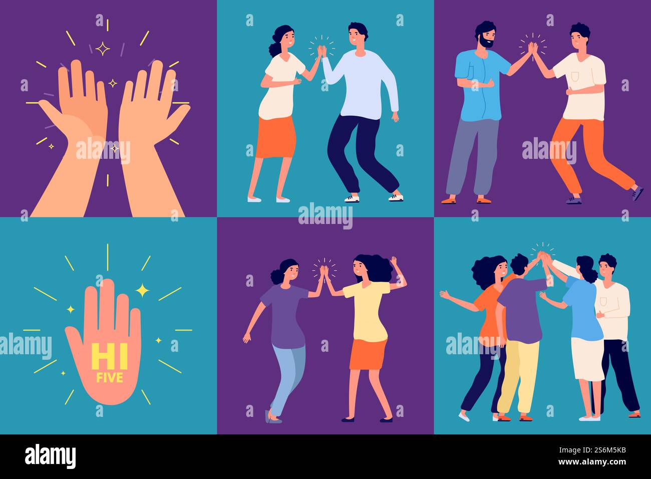 High five friends. Happy people greetings, smile woman man clap hands together. Applause or ...