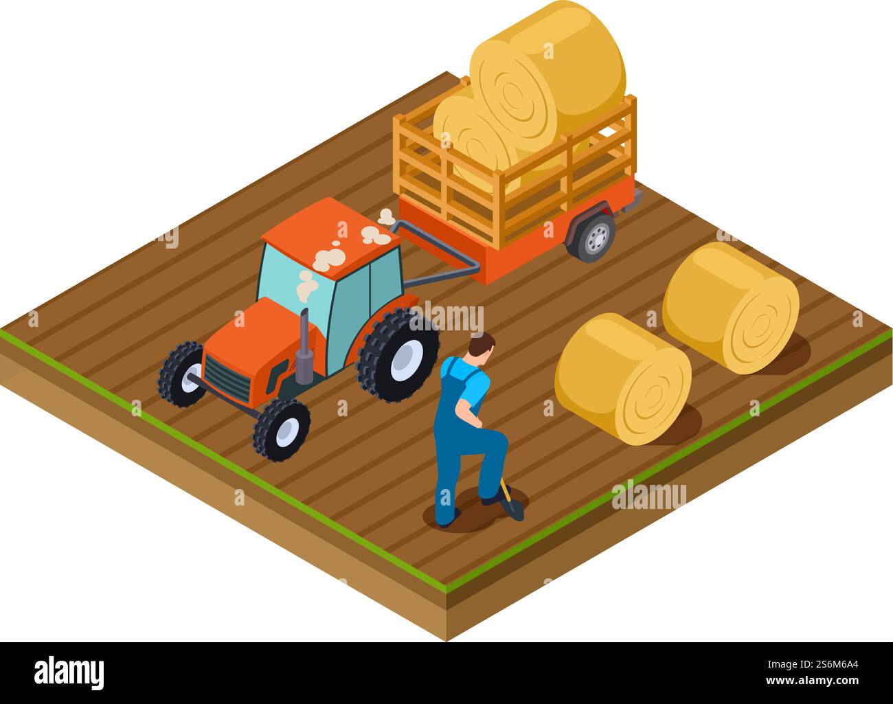 Tractor lorry. Agricultural work, man digs ground. Isometric plantation ...