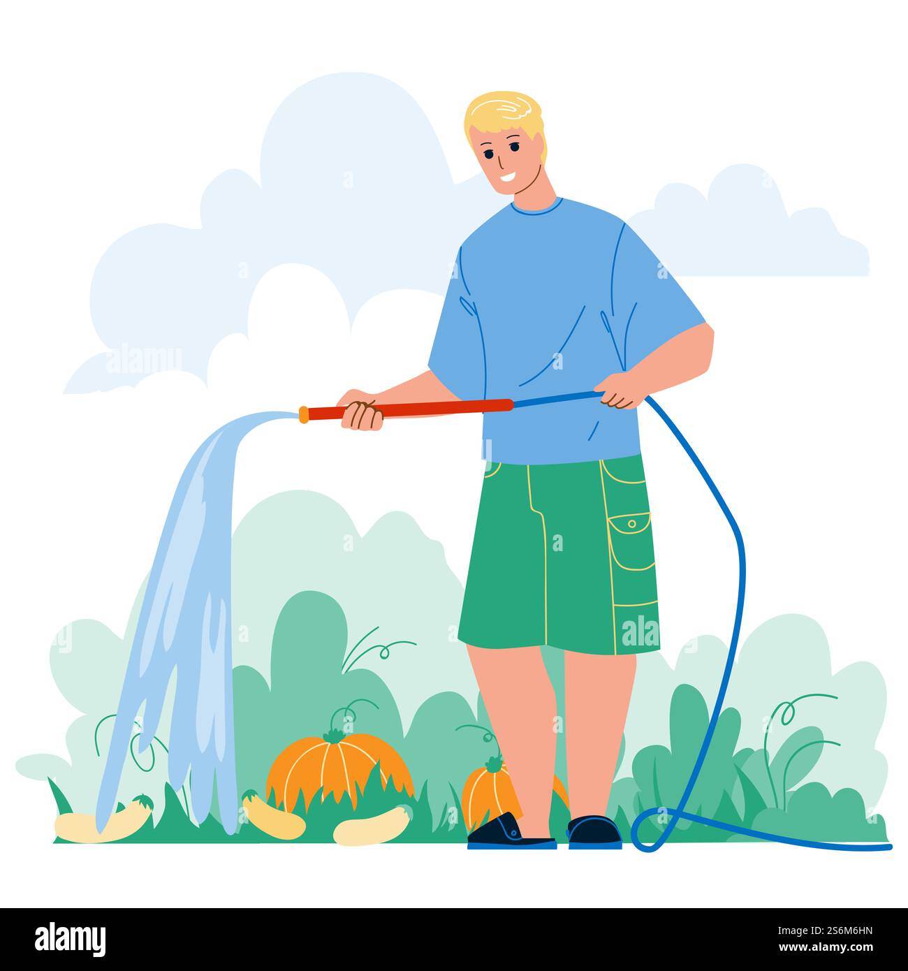 Farmer Watering Garden Agricultural Plant Vector. Farmland Worker Young ...