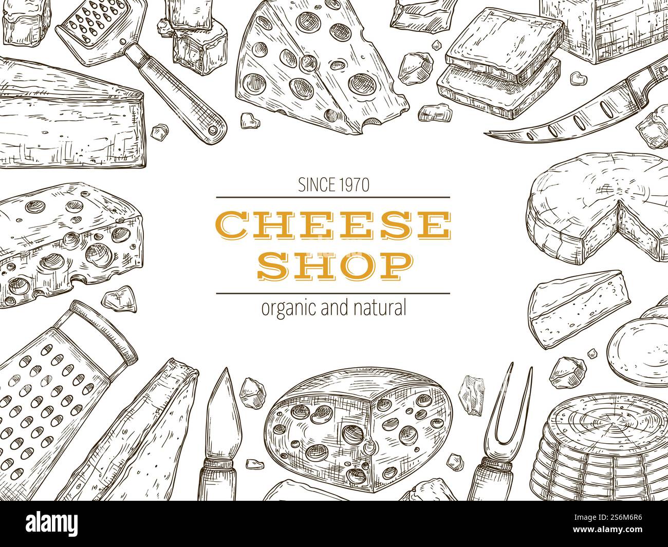 Cheese banner. Retro food background, dairy farm products shop poster ...