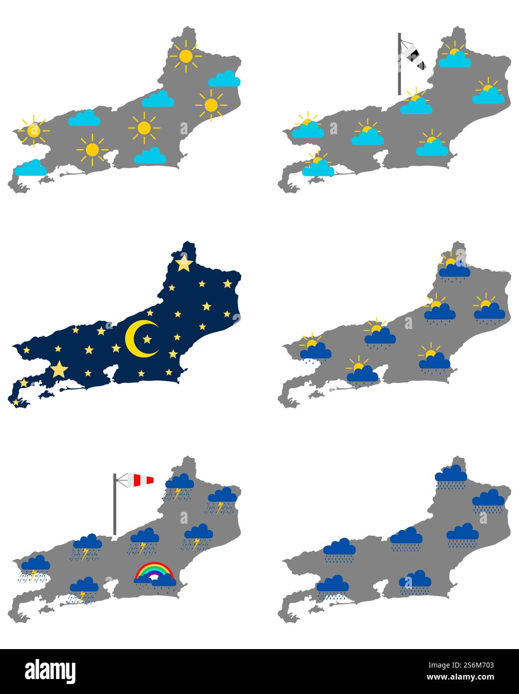 Maps of Rio de Janeiro with various weather symbols Stock Photo - Alamy