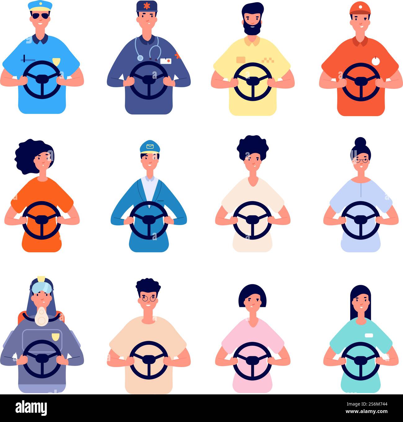 Driver characters. People driving avatars, logistic truck police ...