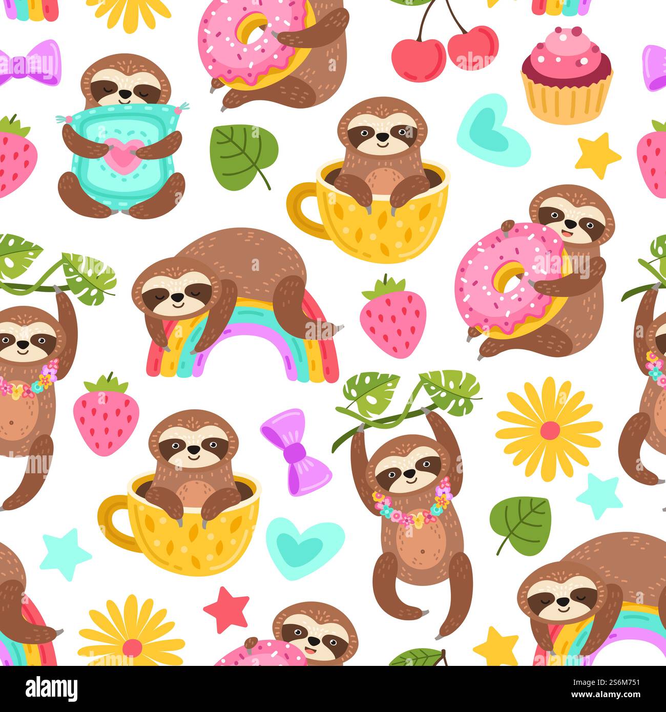 Sloth pattern. Sleep animal, cartoon sloths eat dancing or dream. Cute ...