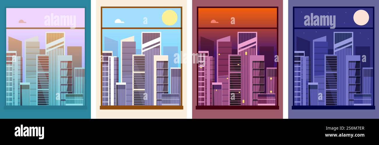 View from window. Night day city, building silhouettes in dusk outside ...