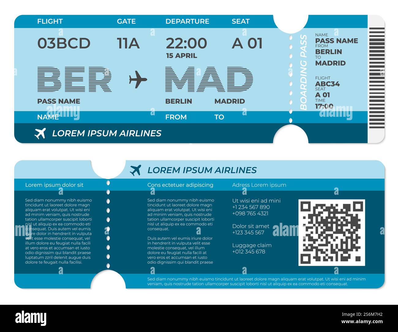 Realistic boarding pass. Airplane ticket template, flight blank ...